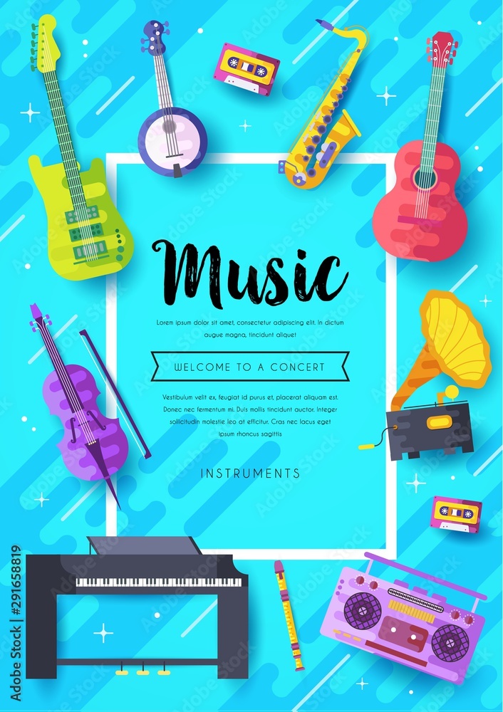 Music instruments vector brochure cards set. Audio tools template of ...