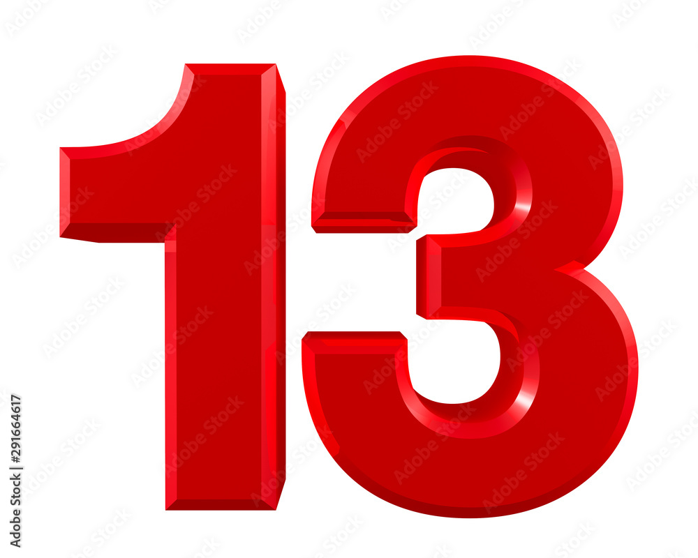 Red numbers 13 on white background illustration 3D rendering Stock イラスト | Adobe Stock
