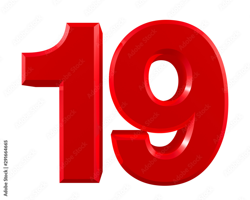 Red numbers 19 on white background illustration 3D rendering Stock ...