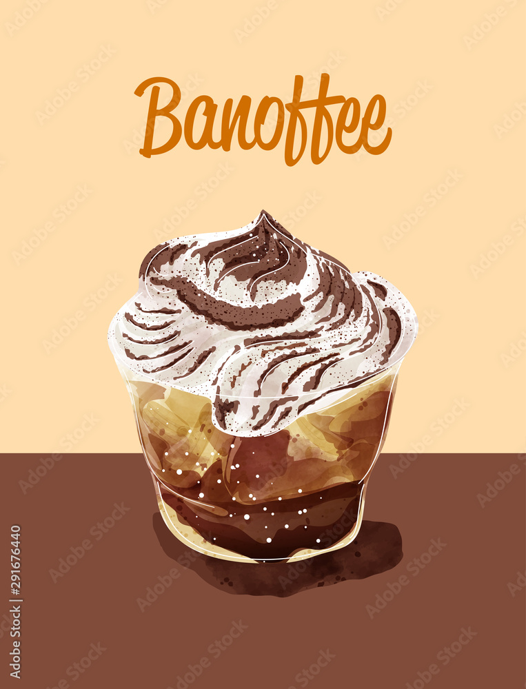 Watercolor painting in retro style of banoffee. Design for printing ...