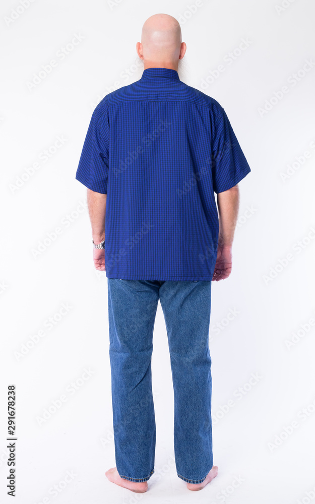 Full body shot rear view of mature bald man with long gray beard Stock ...