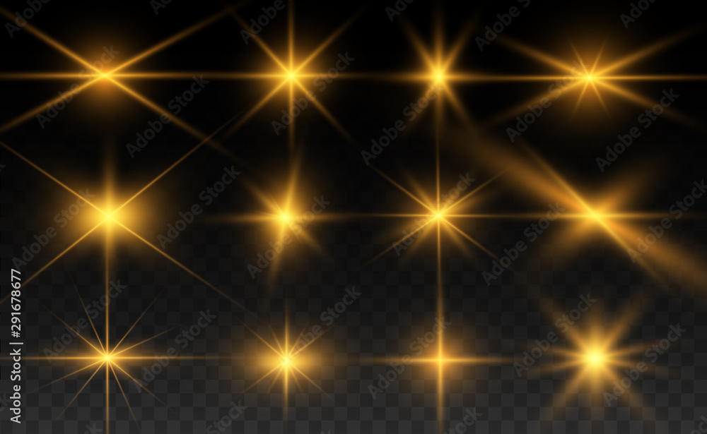Set of gold bright beautiful stars. Light effect Bright Star. Beautiful ...