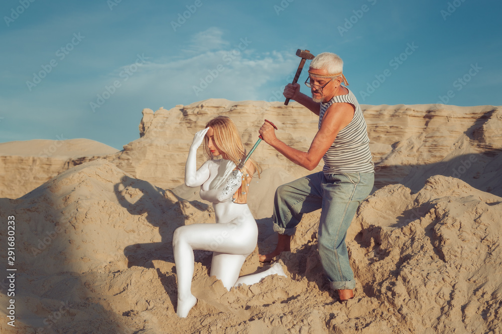 An Old Man Revives A Stone Female Statue Marble Woman Comes To Life A