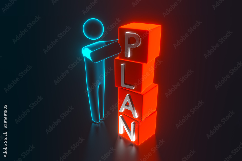 3d people - man, person and a cubes with word plan. 3d man with plan ...