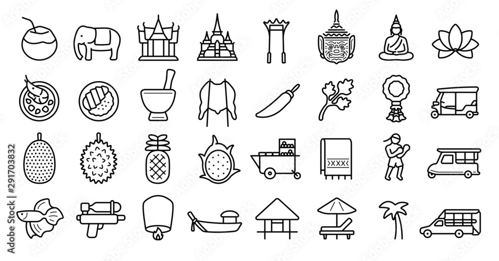 Thailand Icon Set (Thin Line Version) Stock Vector | Adobe Stock