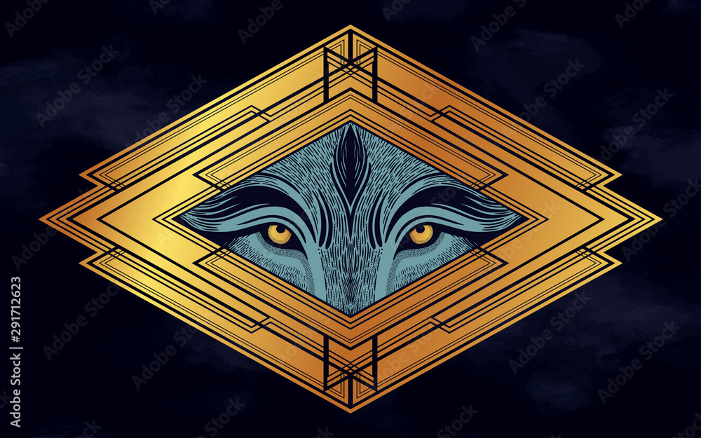 Wolf eyes in geometric setting.Dreamy magic art. Night, nature, wicca ...