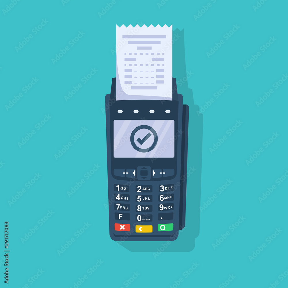 Payment terminal with paper check. NFC POS terminal for payment. Card ...