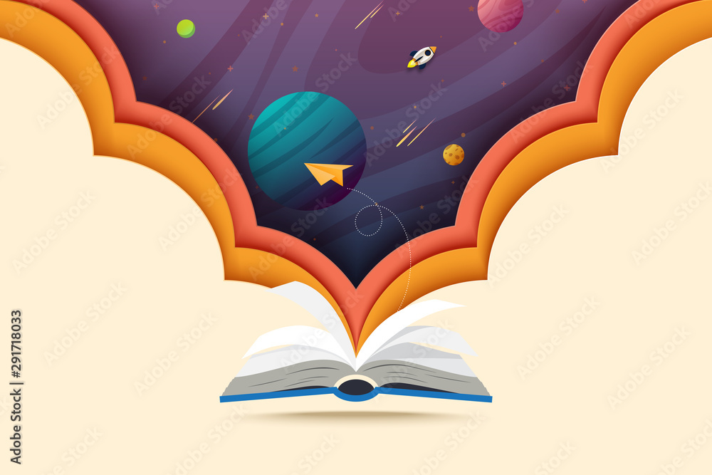 Paper art of open book and explore to outer space.Concept of learning ...