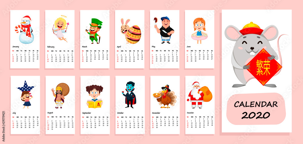 2020 calendar with funny cartoon characters Stock Vector | Adobe Stock