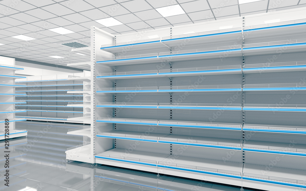 Store interior with empty shelves. 3d illustration Stock Illustration ...