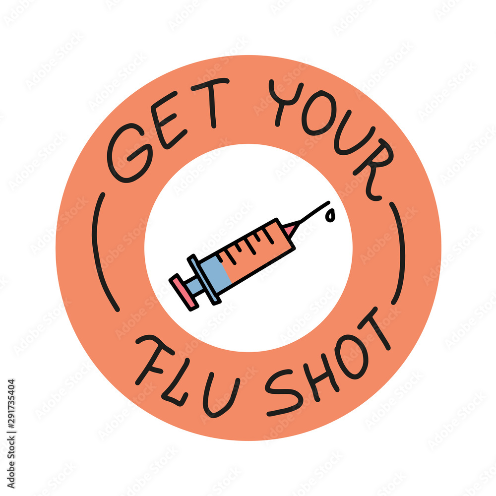 Get your flu shot. Vaccination vector poster with syringe. Hand drawn ...