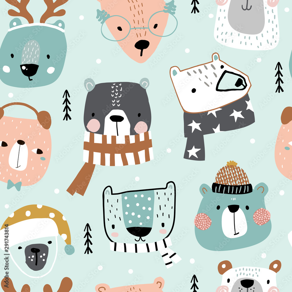 Seamless childish pattern with cute holiday bear in hat, scarf ...