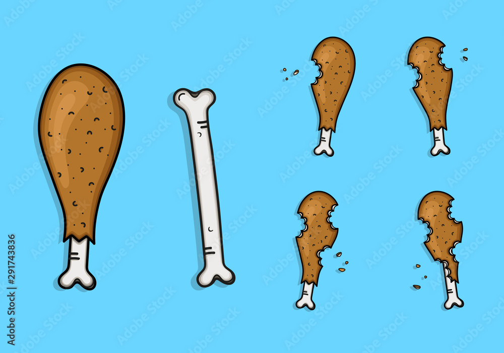 Sketch of frame of chicken thigh eaten, animation chicken food, bone of ...