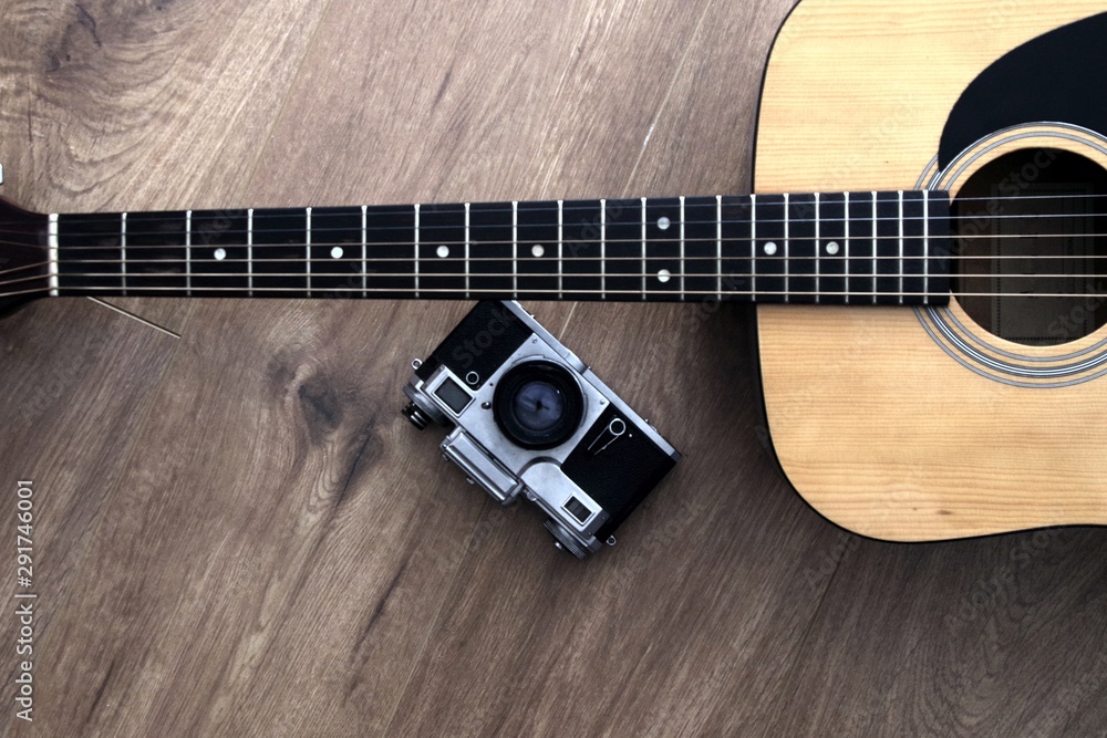 vintage film camera with classic acoustic guitar Stock Photo | Adobe Stock