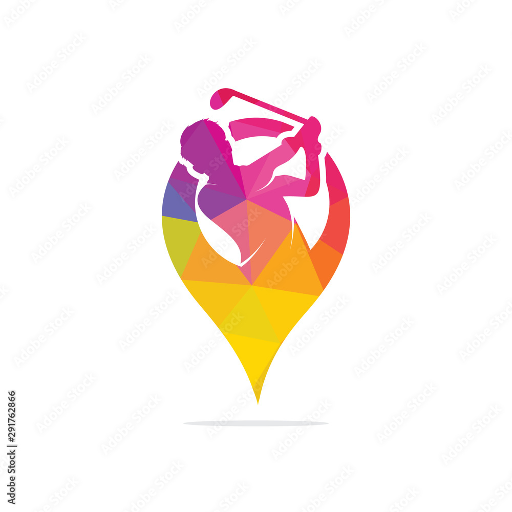 Vector golf club and map pointer logo combination. Golf player hits ...