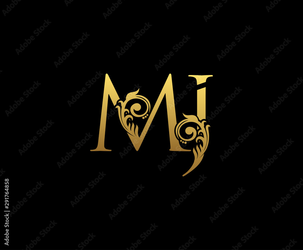 Classy Gold letter M and J, MJ, VINTAGE decorative ornament emblem ...
