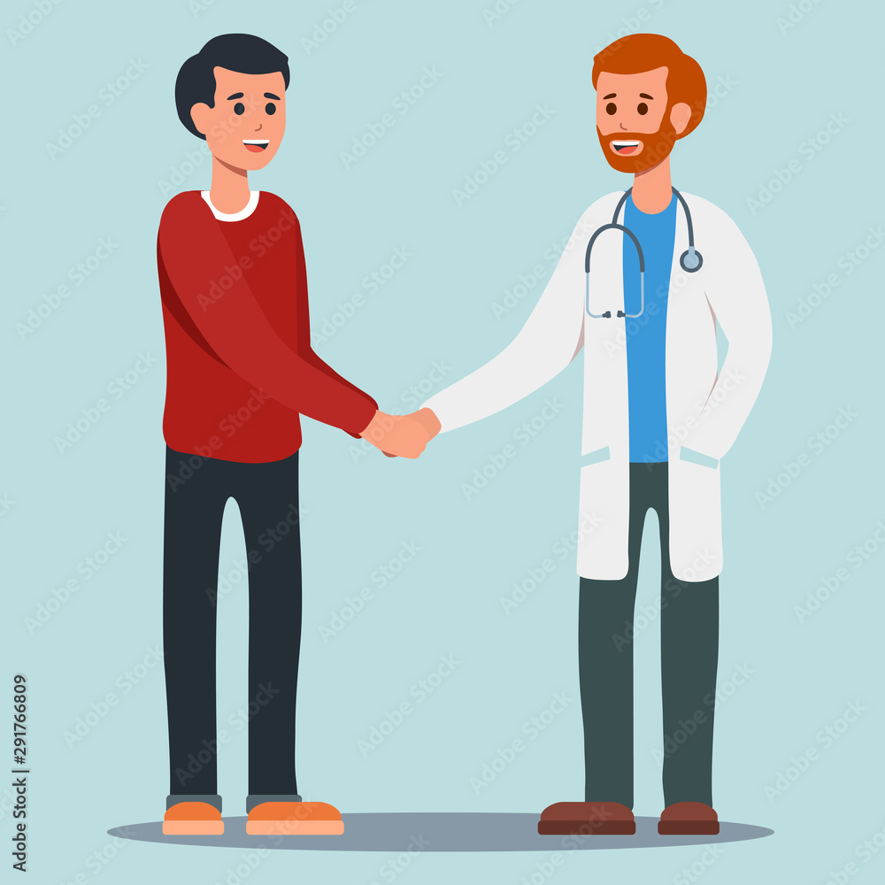 Flat vector doctor and patient shake hands. Medical illustration ...