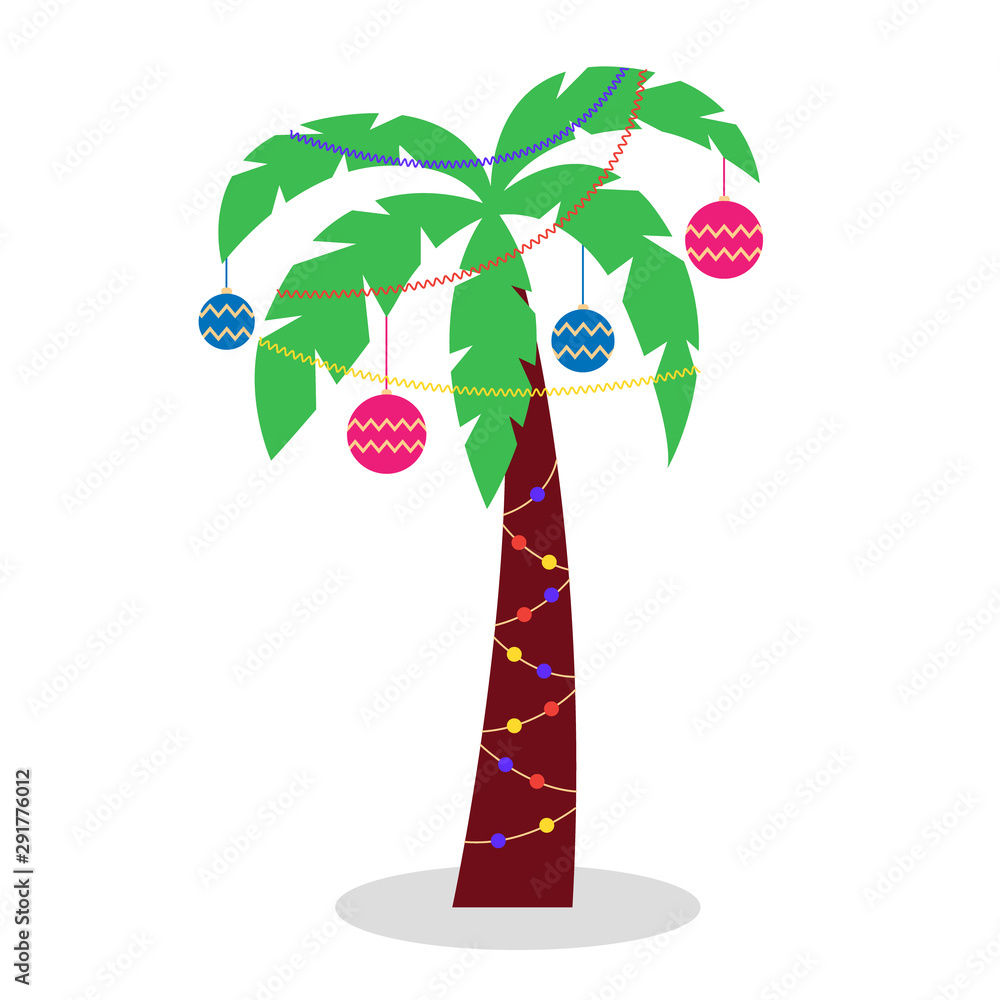 Christmas palm tree with garlands of tinsel and Christmas toys. Palm ...