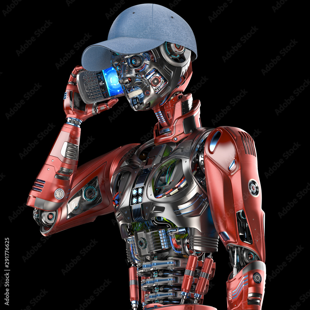 Futuristic android man or very detailed robot talks with somebody using ...