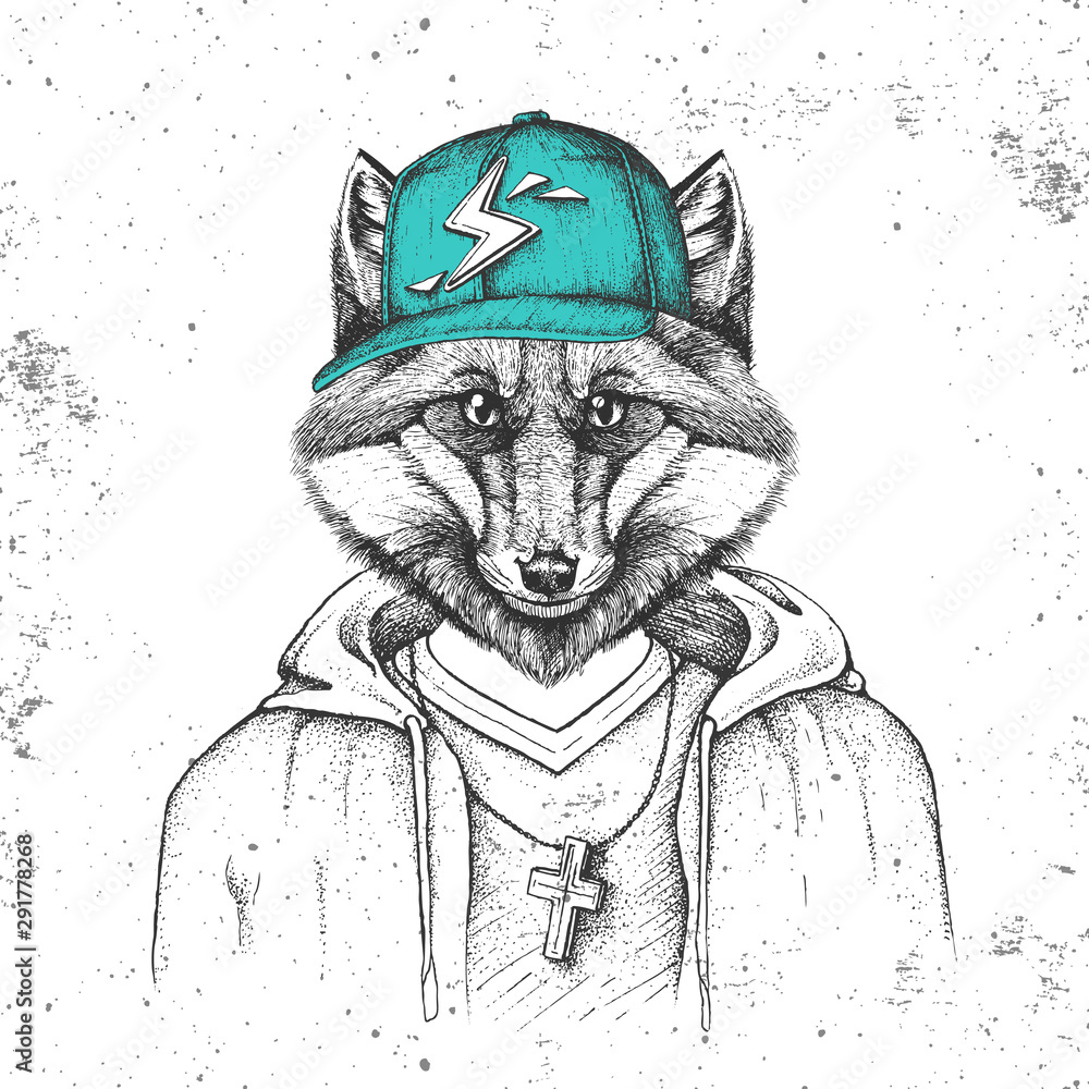 Hipster animal fox dressed in cap like rapper. Hand drawing Muzzle of ...