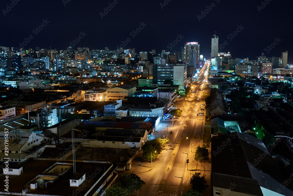 Drone night view of Baixa neighborhood, Maputo, Mozambique Stock Photo ...