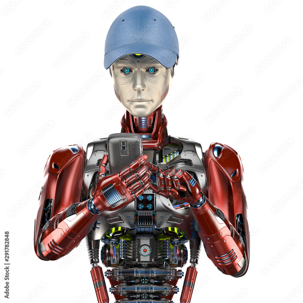 Detailed futuristic robot or humanoid man in a baseball cap playing or ...