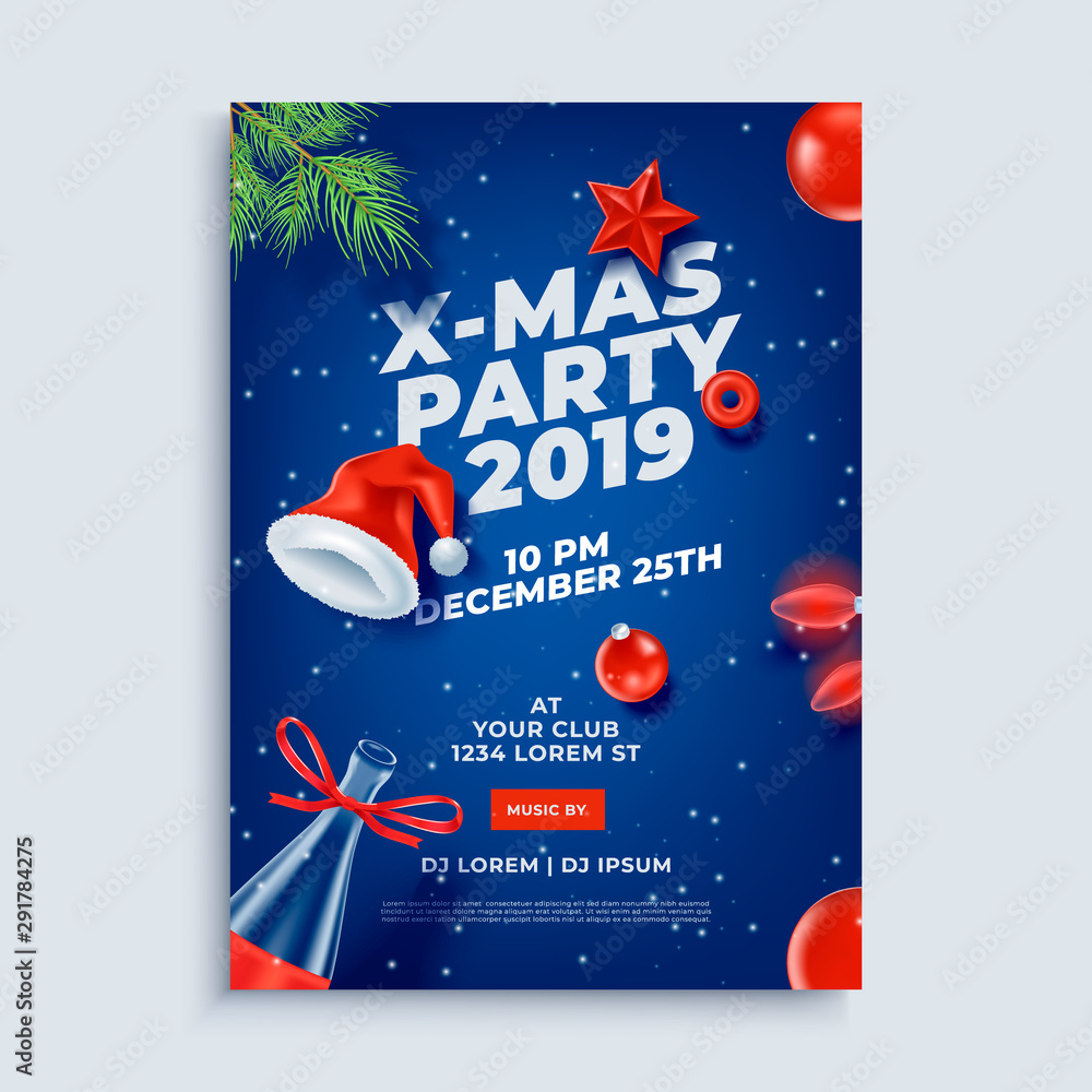 Merry Christmas party layout poster template with design elements ...