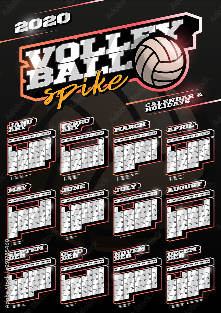 Volleyball sport wall vertical calendar for 2020. One page Retro style ...