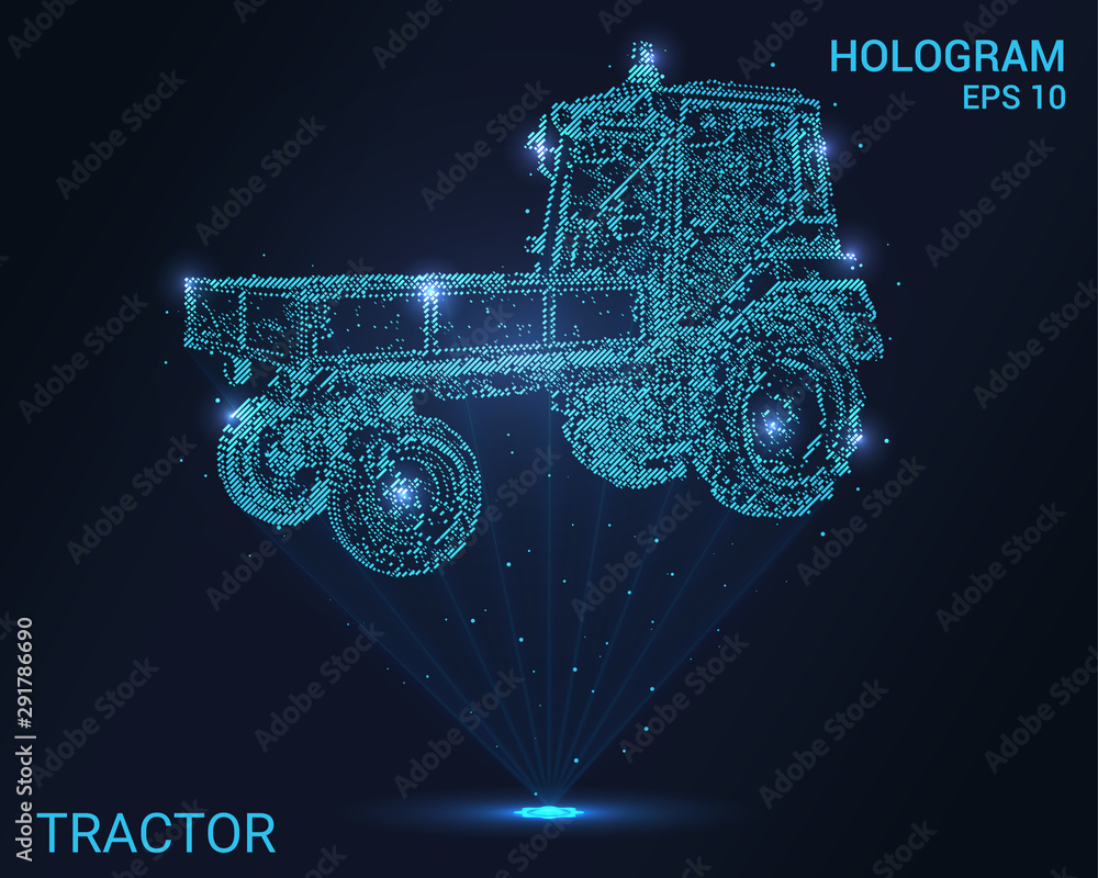 Hologram tractor. Holographic projection of the tractor. Flickering ...