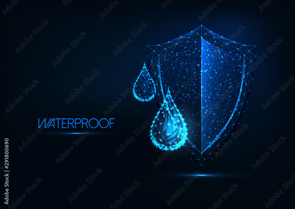 Futuristic waterproofing concept. Glowing low poly water drops and ...