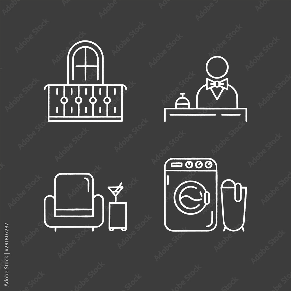 Apartment amenities chalk icons set. Reception, room service, laundry ...