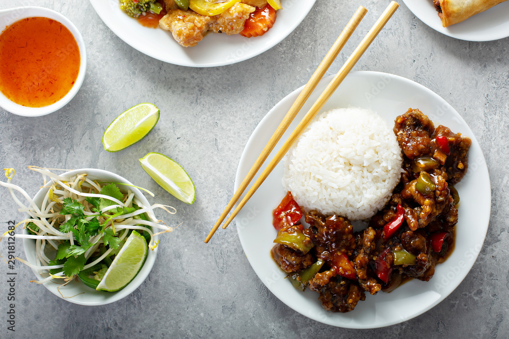 Sticky sweet beef with white rice, asian food Stock Photo | Adobe Stock