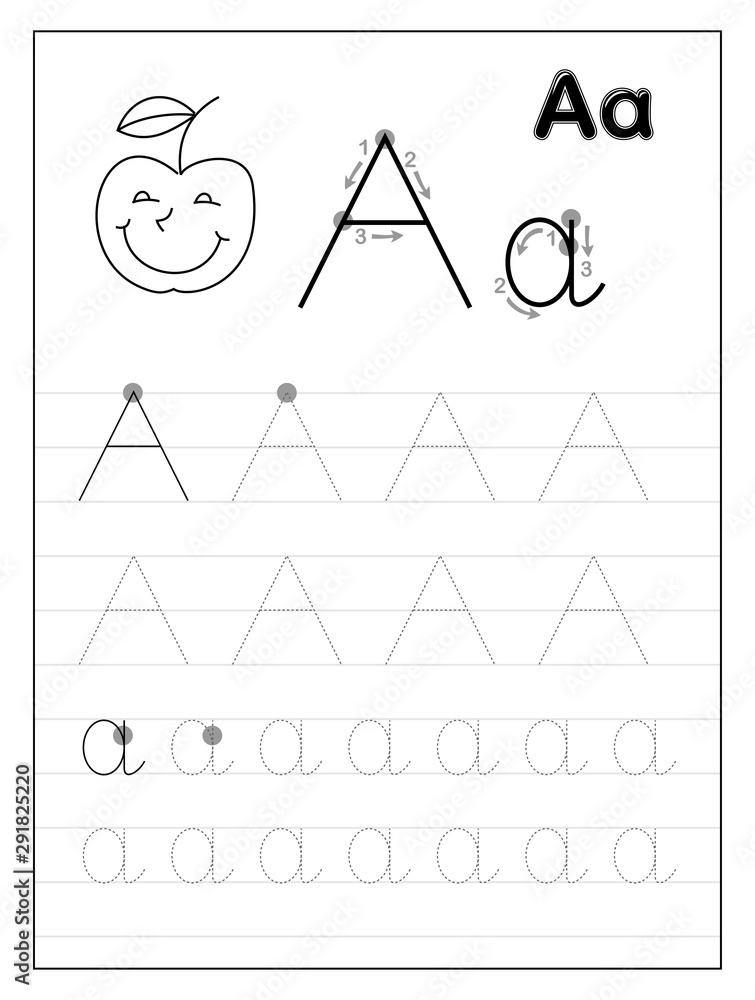 Tracing alphabet letter A. Black and white educational pages on line ...