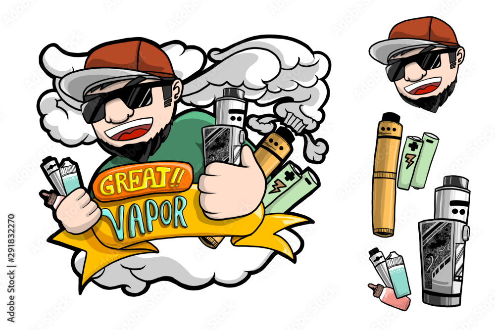 Vaporizer Man with his vapor set with great vapor words on golden ...