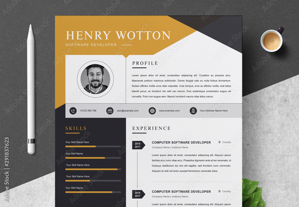 Yellow and Black Resume Layout Stock Template | Adobe Stock