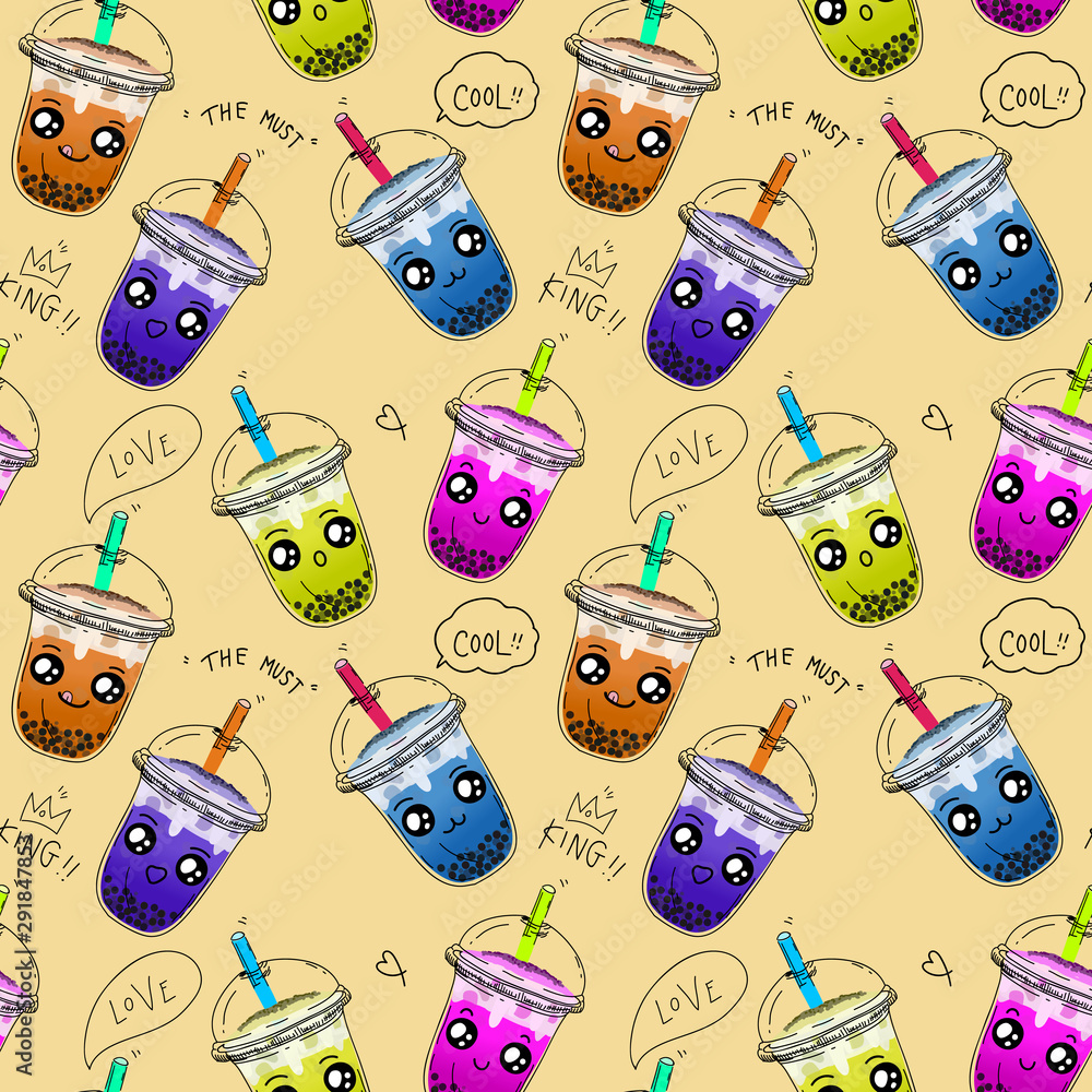 Seamless bubble milk tea background, boba tea, Taiwanese milk tea with ...