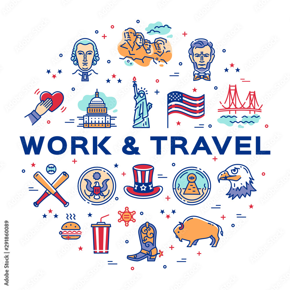 USA linear icons, Work And Travel USA circle infographics. American ...