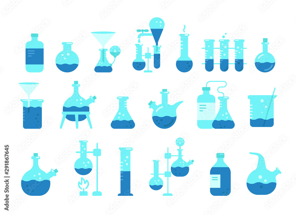 Chemistry science icon set. Education lab. The production of chemicals ...