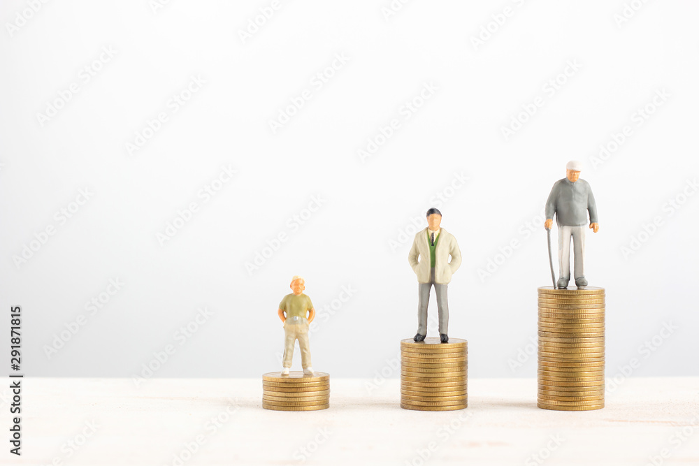 Old and young man stand on stacks of gold coins isolated on white ...