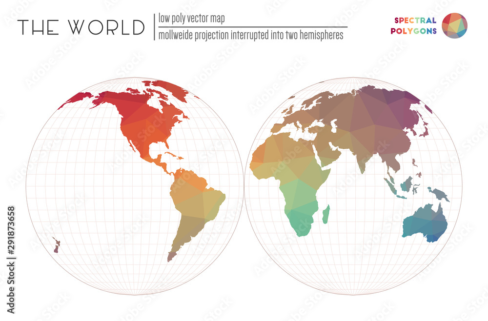 Low poly world map. Mollweide projection interrupted into two ...