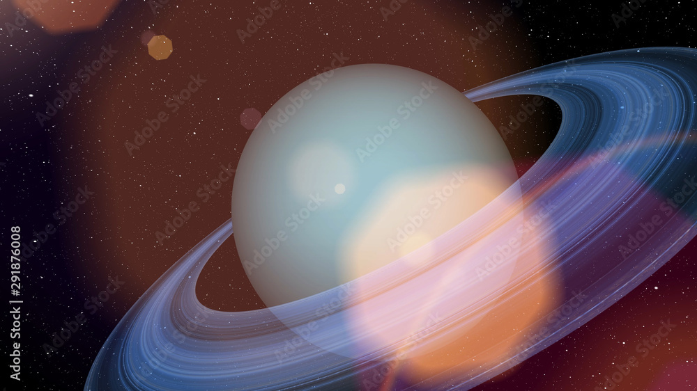 Uranus planet and rising sun on space. Stars and sun flare, Blue ...