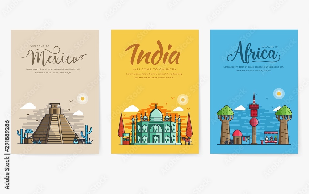 Set of different cities for travel destinations. Landmarks banner ...