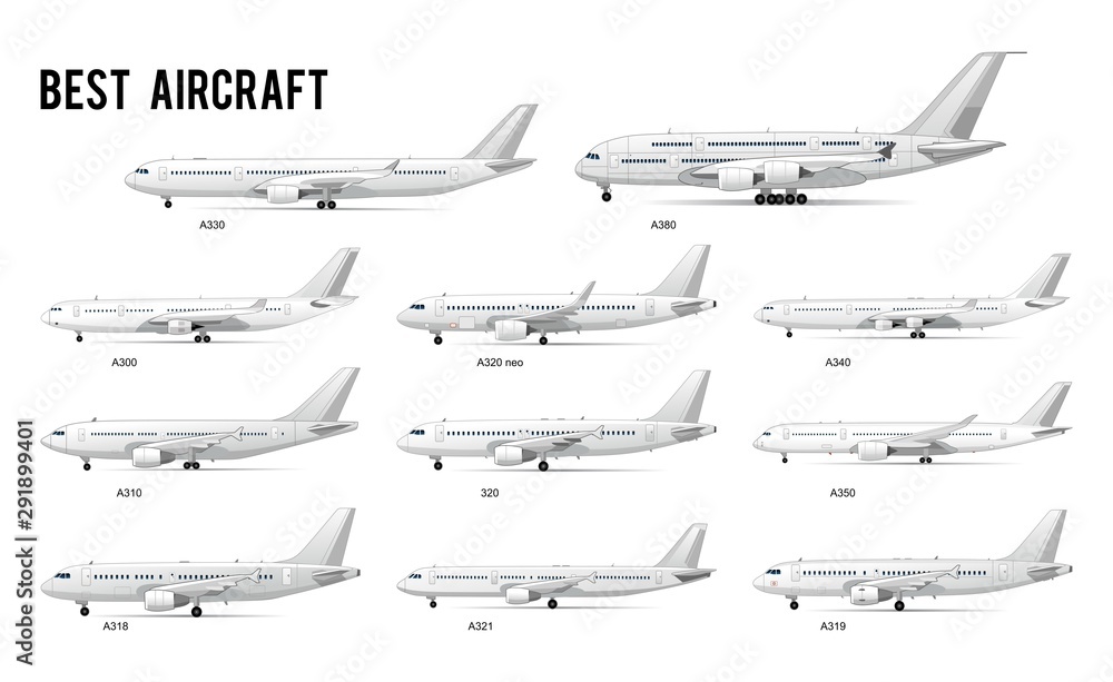 Different kind airplanes commercial models set vector illustration ...