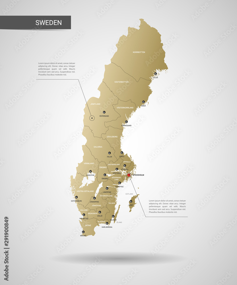 Stylized vector Sweden map. Infographic 3d gold map illustration with ...