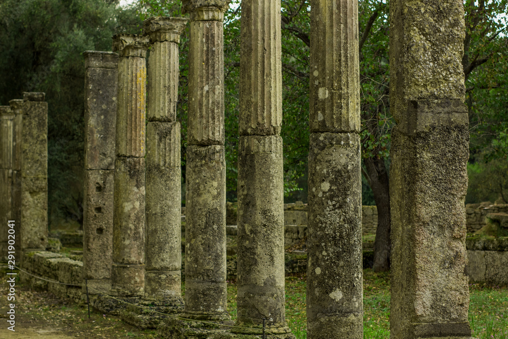 ancient Greece antique stone architecture columns alley way in forest ...