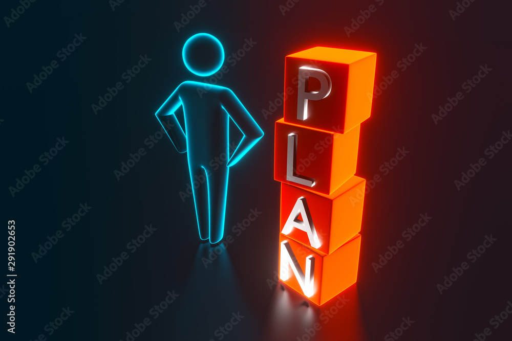 3d people - man, person and a cubes with word plan. 3d man with plan ...