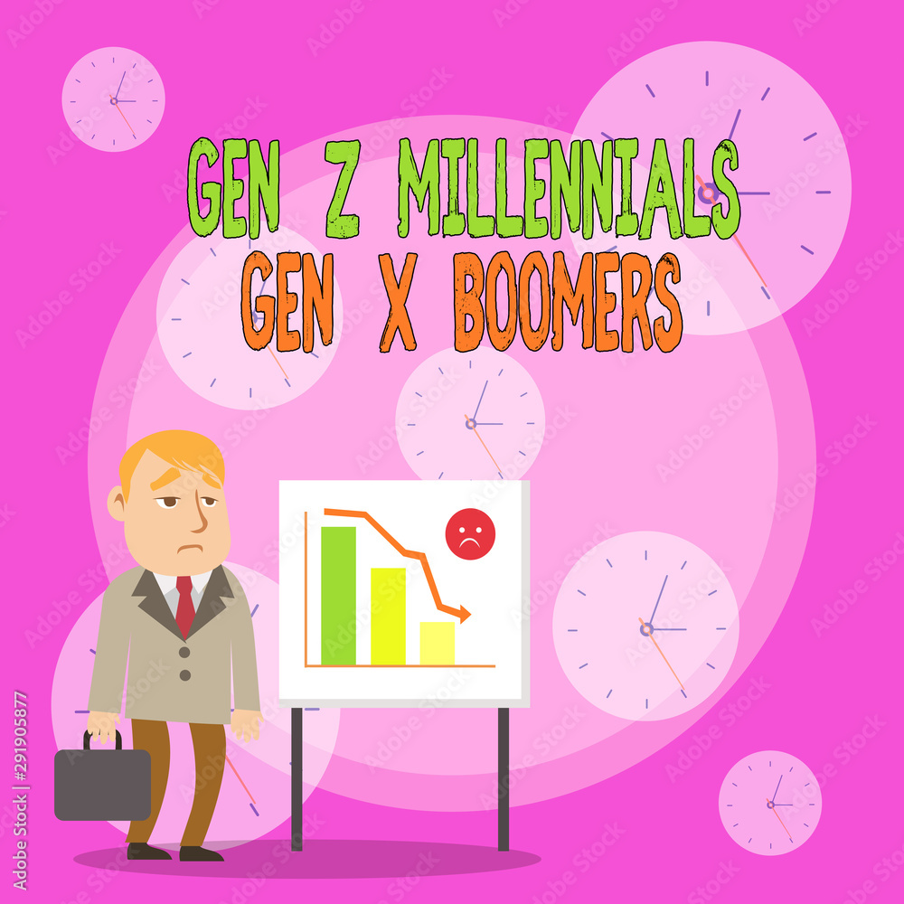 Writing note showing Gen Z Millennials Gen X Boomers. Business concept ...