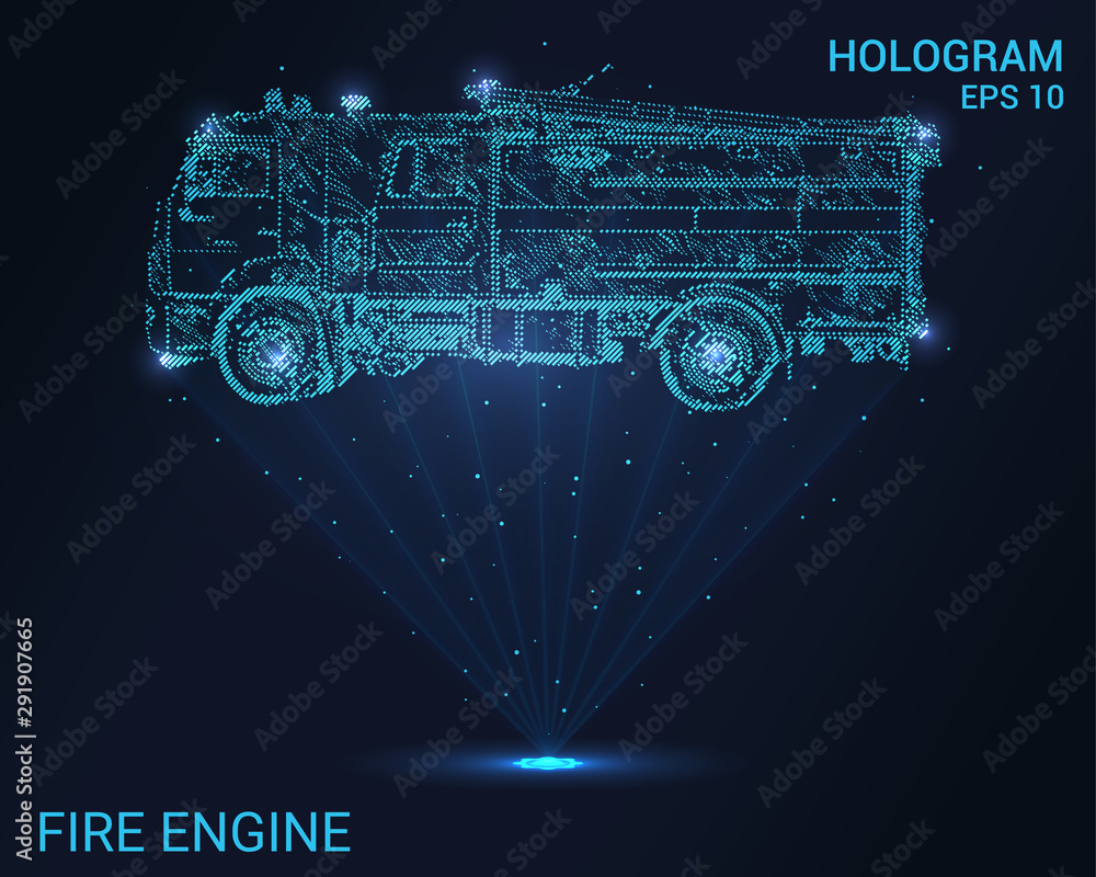 Hologram fire engine. Holographic projection fire truck. Flickering ...