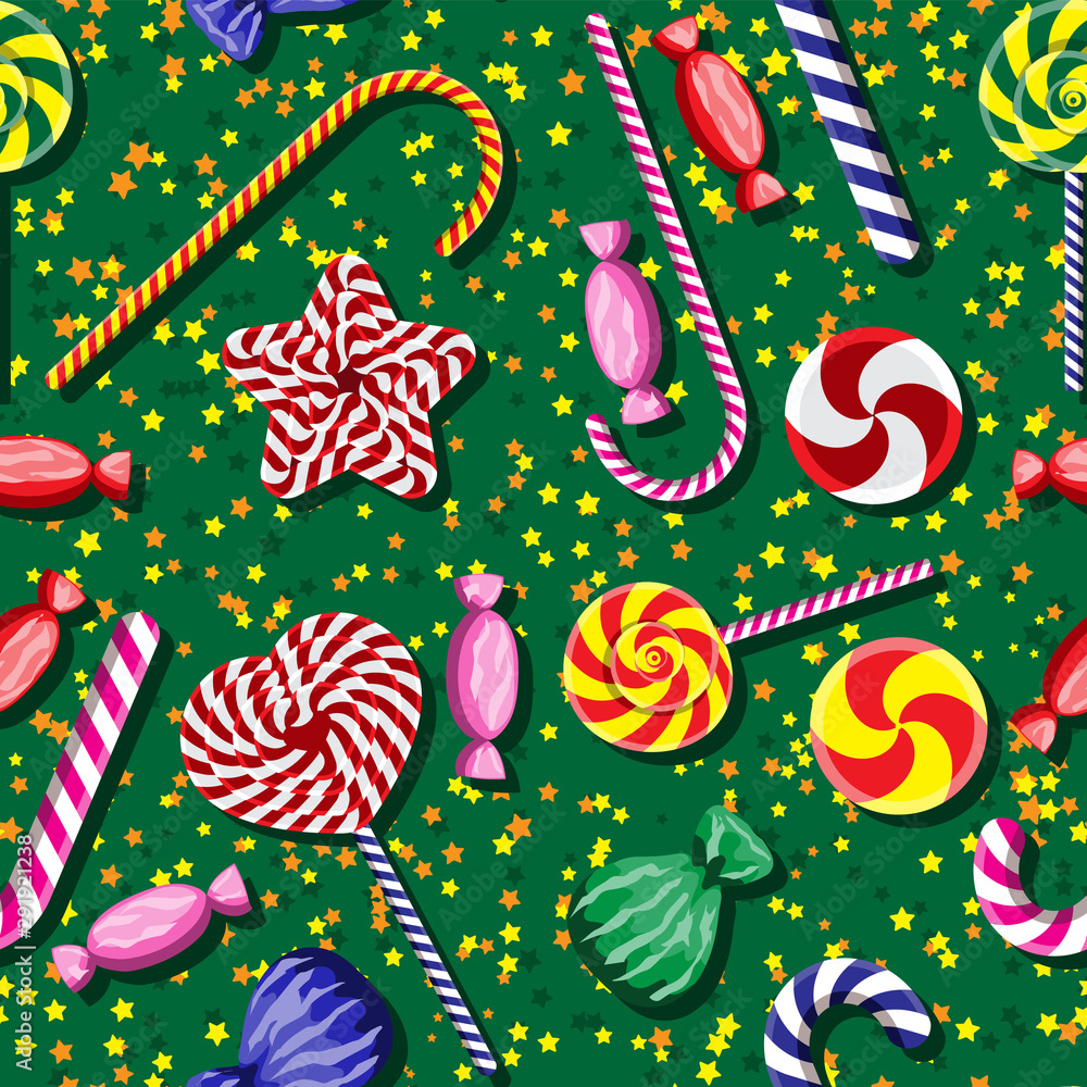 Seamless candy background and confetti stars on green isolated ...