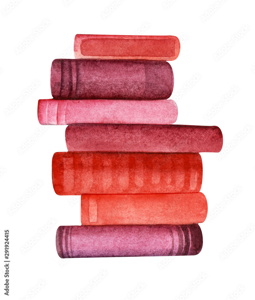 Red books. Roots of books on a bookshelf. A stack of seven books ...